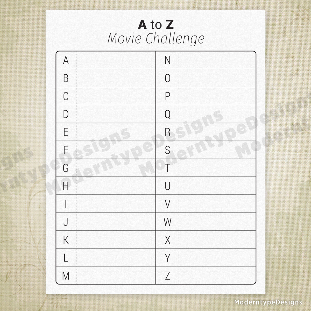 A to Z Movie Challenge Printable