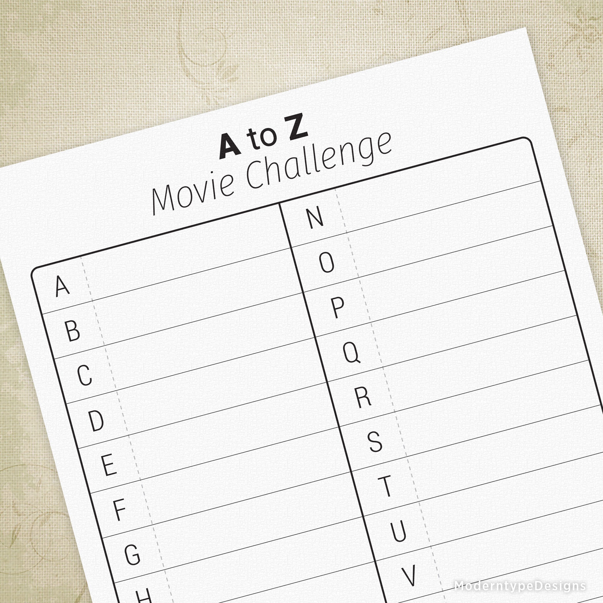 A to Z Movie Challenge Printable