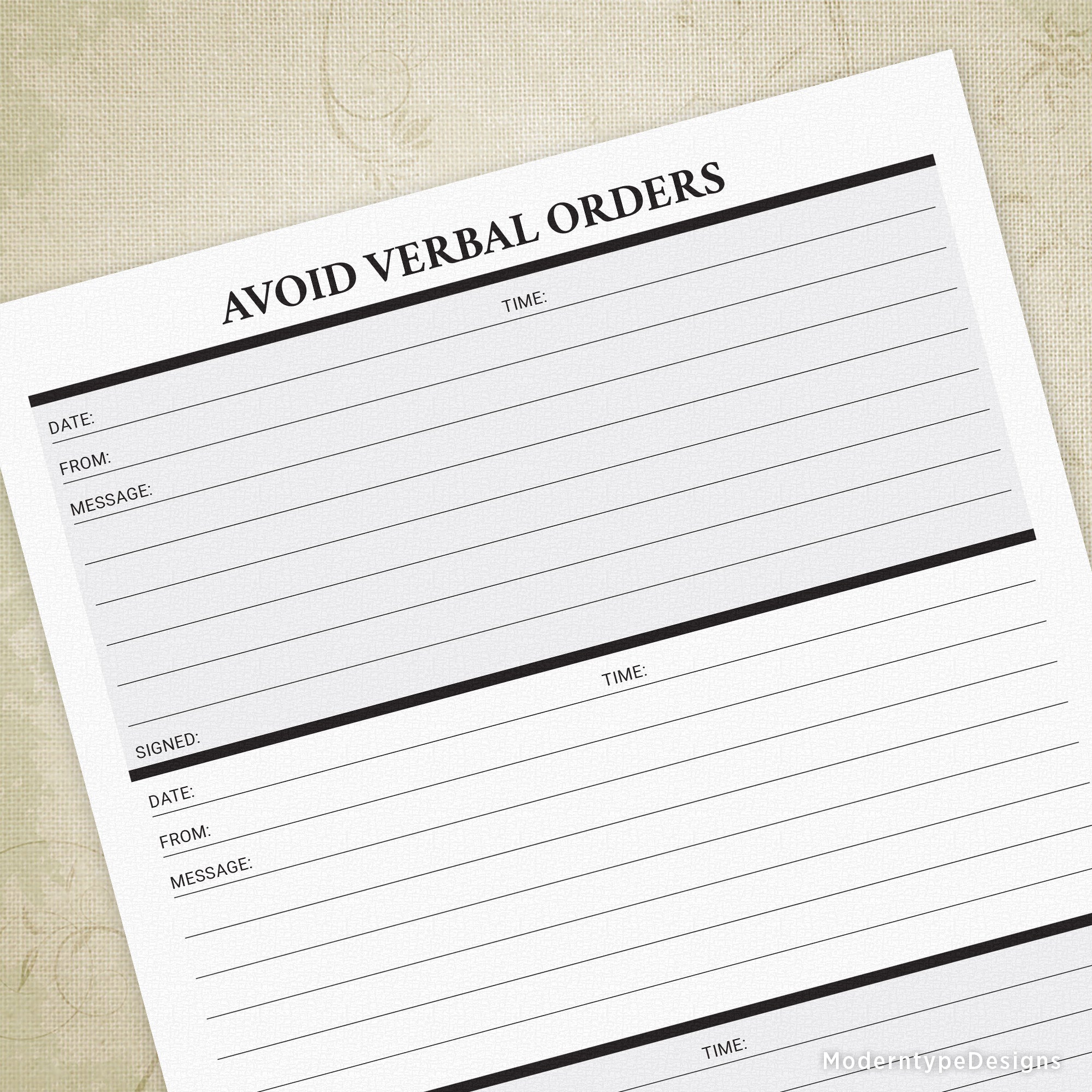 Avoid Verbal Orders AVO Log Printable