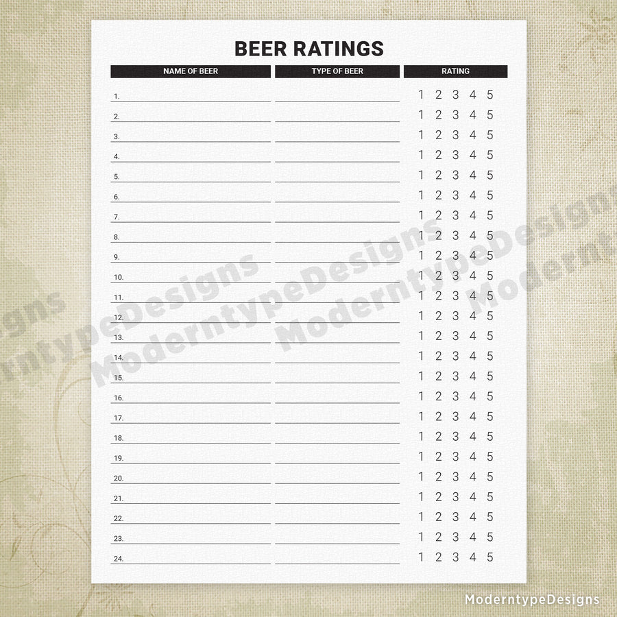 Beer Ratings Printable