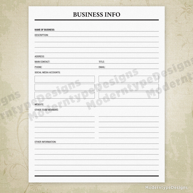 Business Info Printable