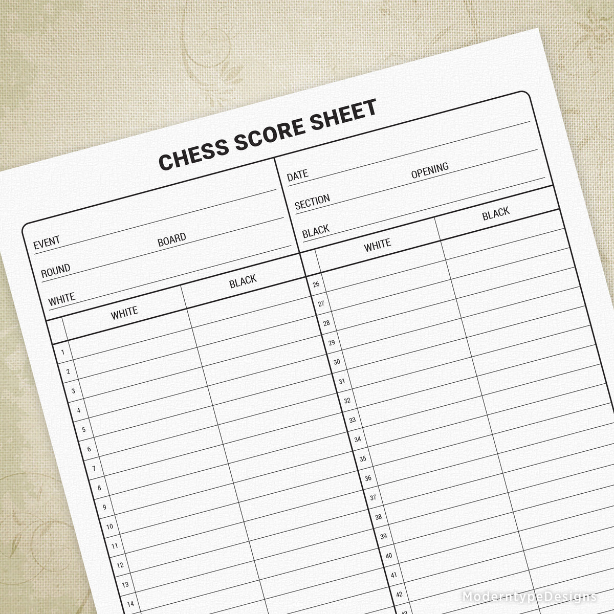 Chess Score Sheet Printable Form