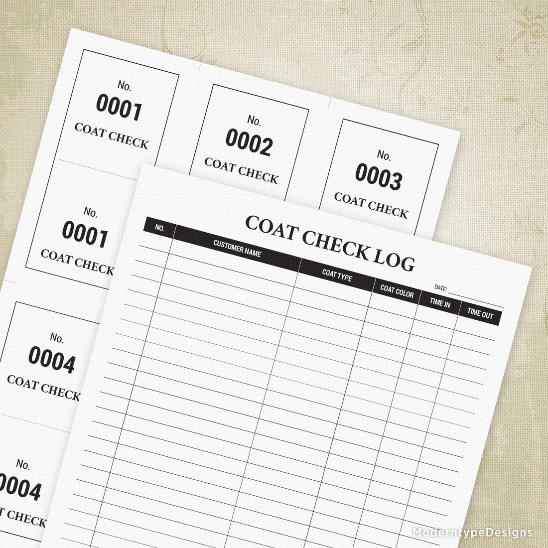 Coat Check Tickets & Log Printables