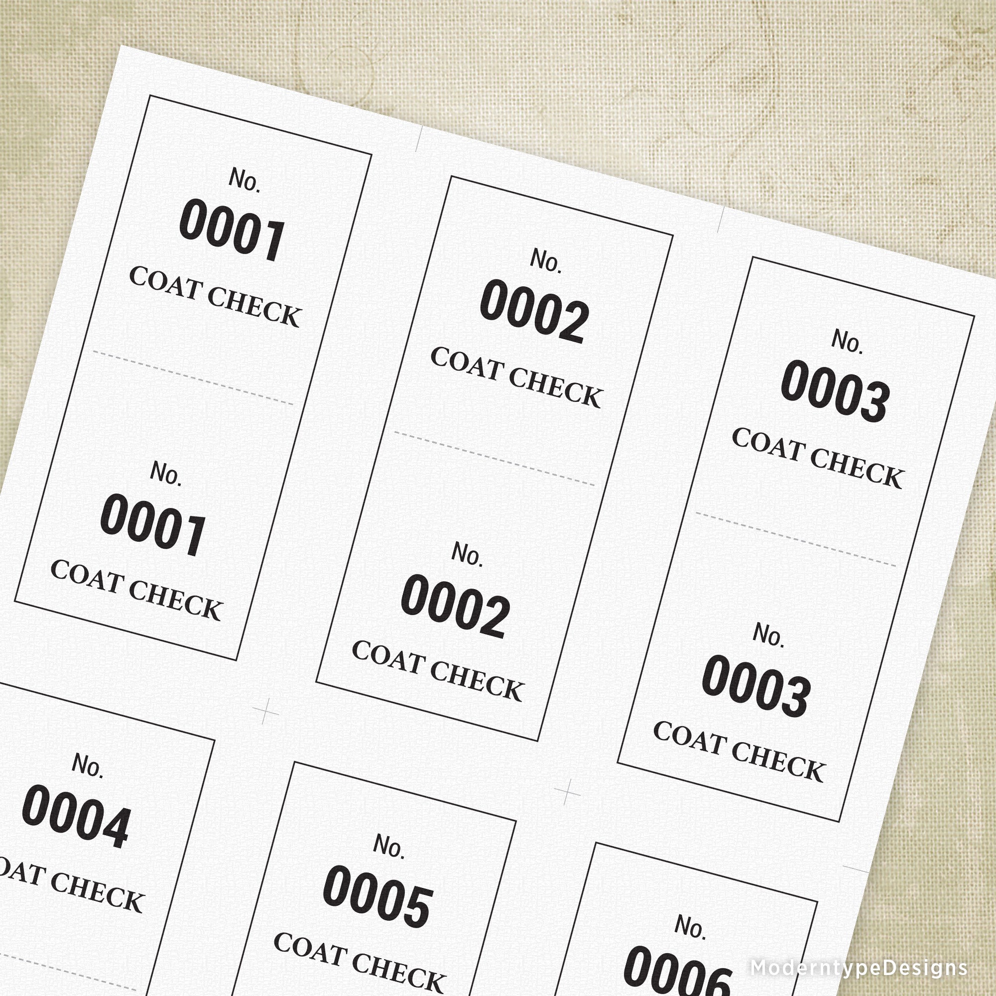 Coat Check Tickets Printable, 2.83 x 5.5"
