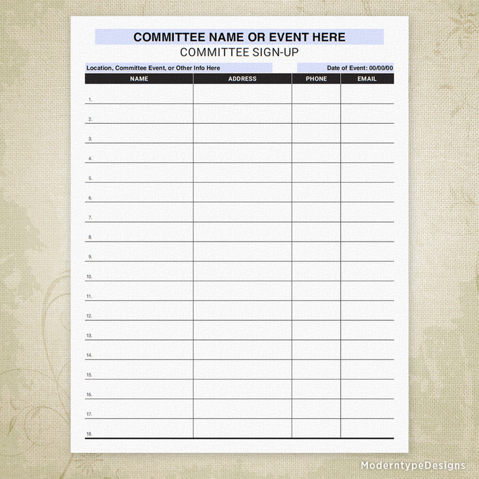 Committee Sign-up Printable Form, Personalized