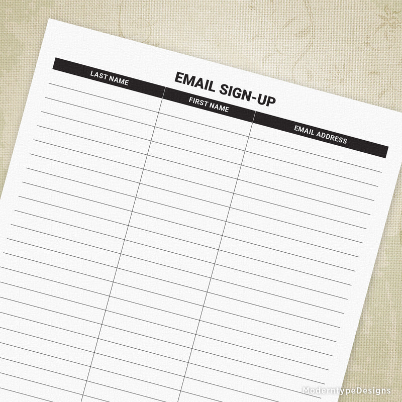 Email Sign-up Sheet Printable for Clipboard