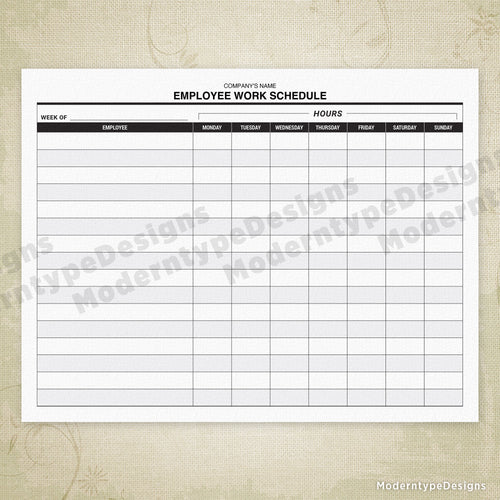 Employee Work Schedule Printable Form (Monday - Sunday), Personalized