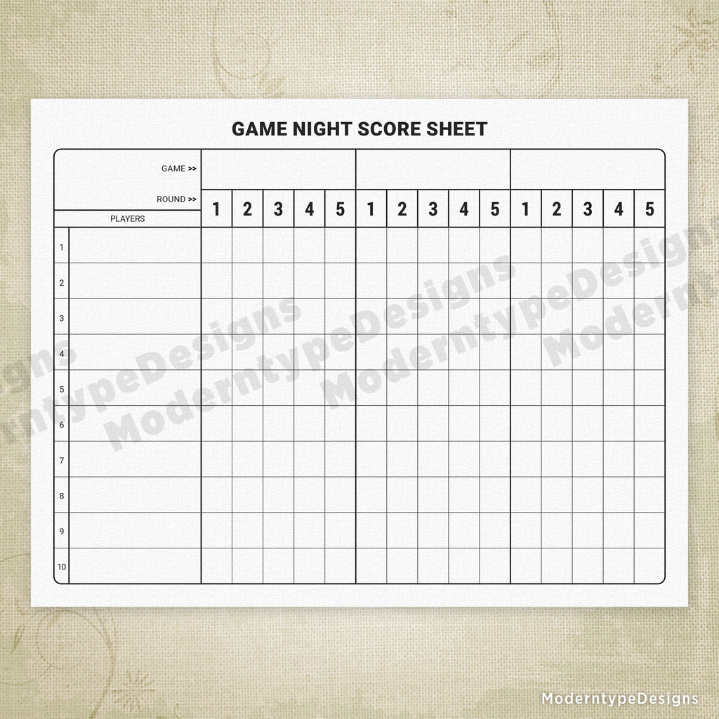Game Night Score Sheet Printable - for Players