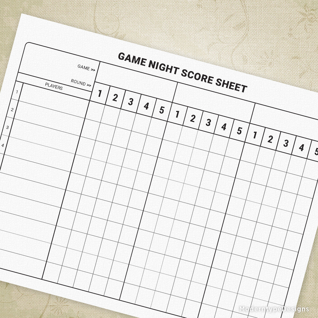 Game Night Score Sheet Printable - for Players