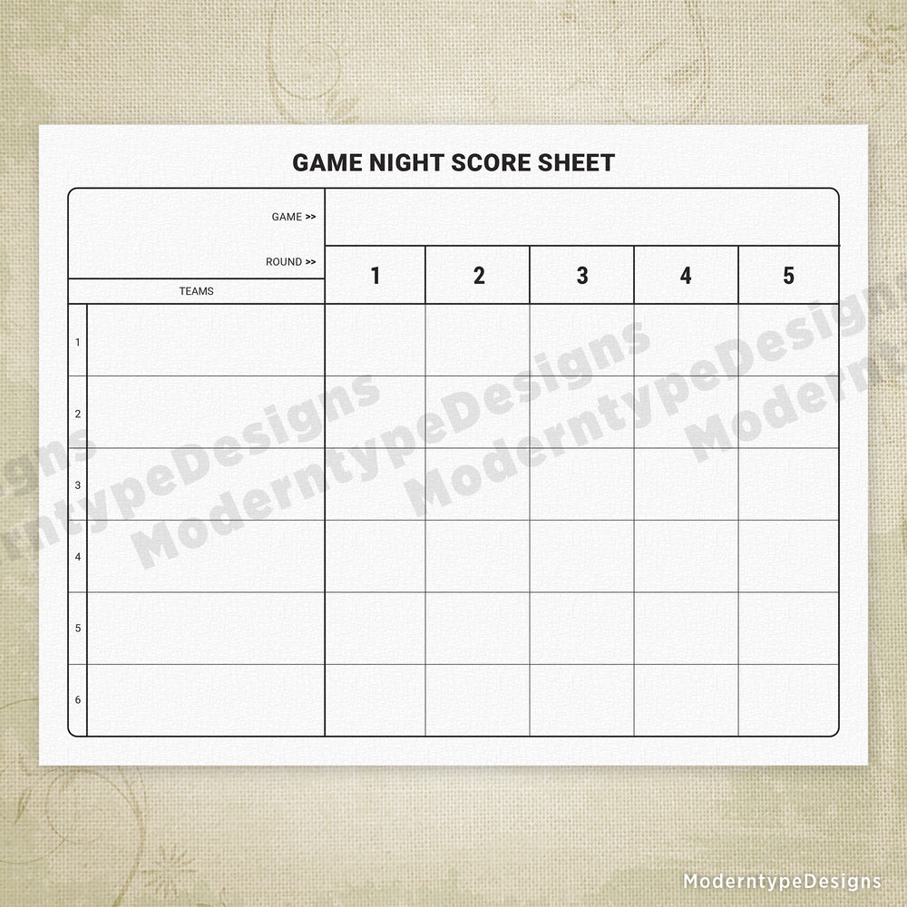 Game Night Score Sheet Printable - for Teams