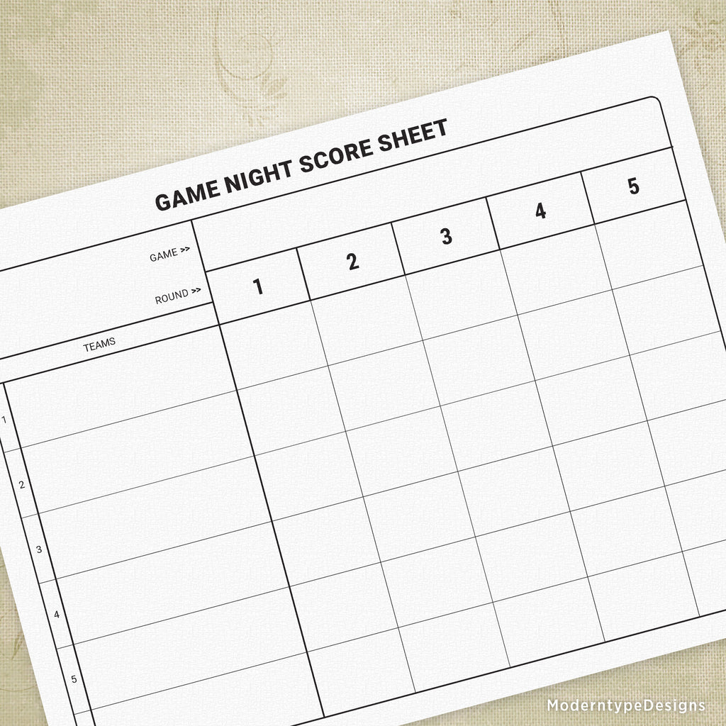 Game Night Score Sheet Printable - for Teams