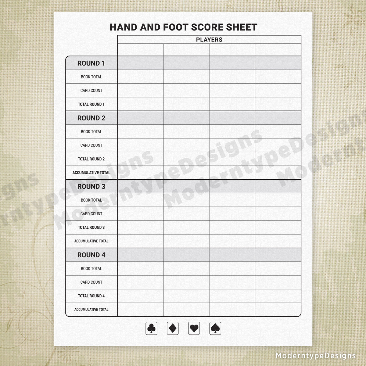 Hand and Foot Score Sheet Printable