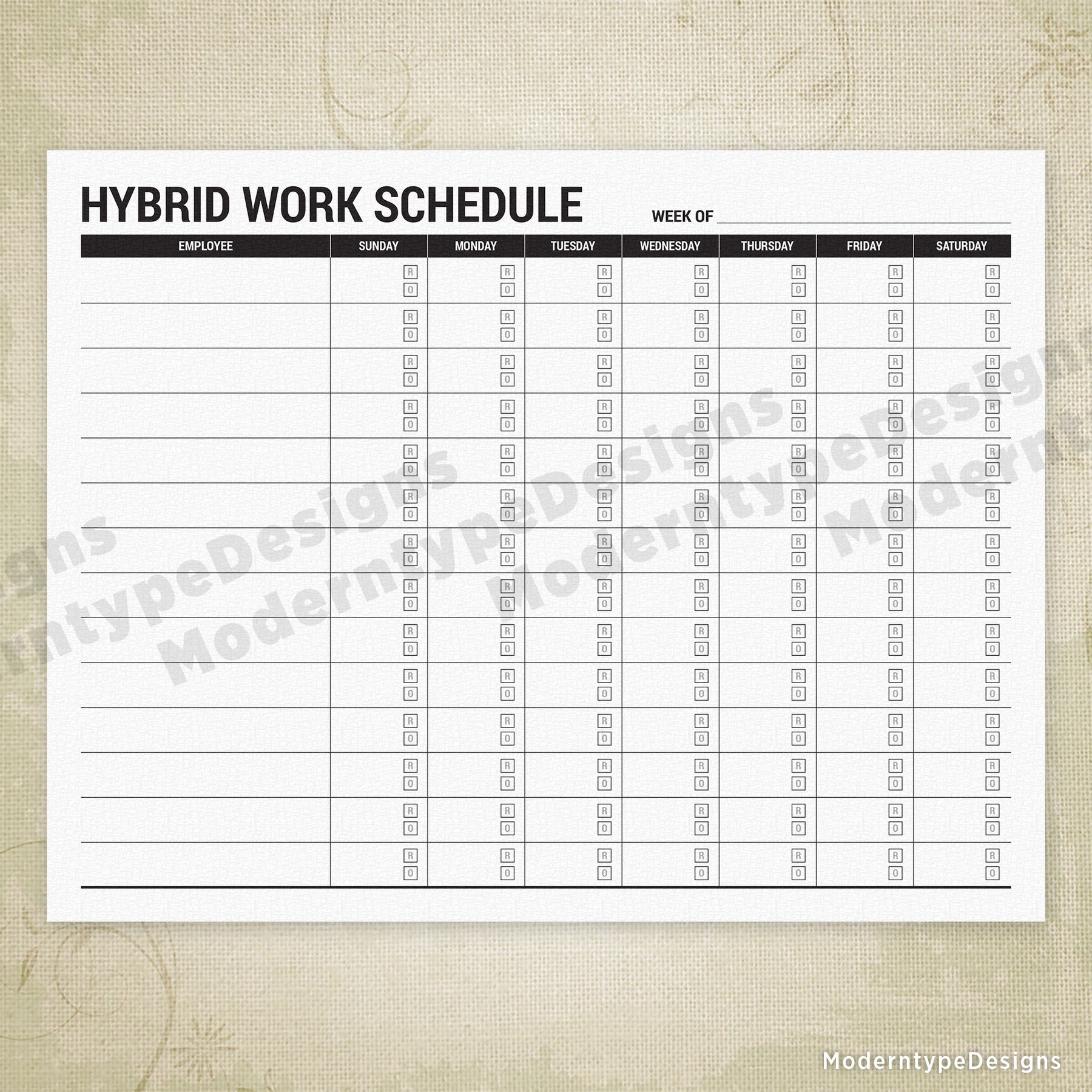 Employee Hybrid Work Schedule Printable Form (Sunday - Saturday)