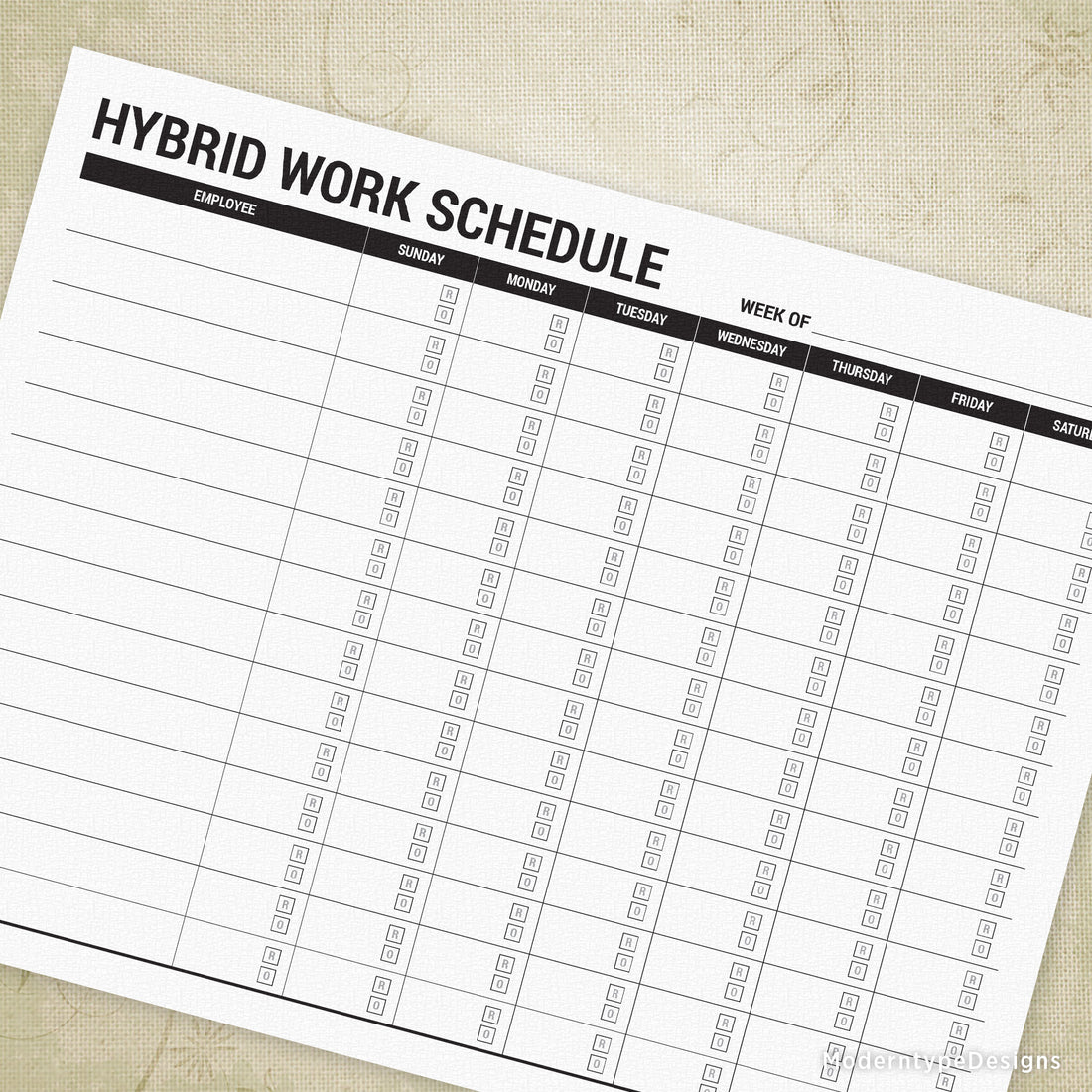 Employee Hybrid Work Schedule Printable Form (Sunday - Saturday)