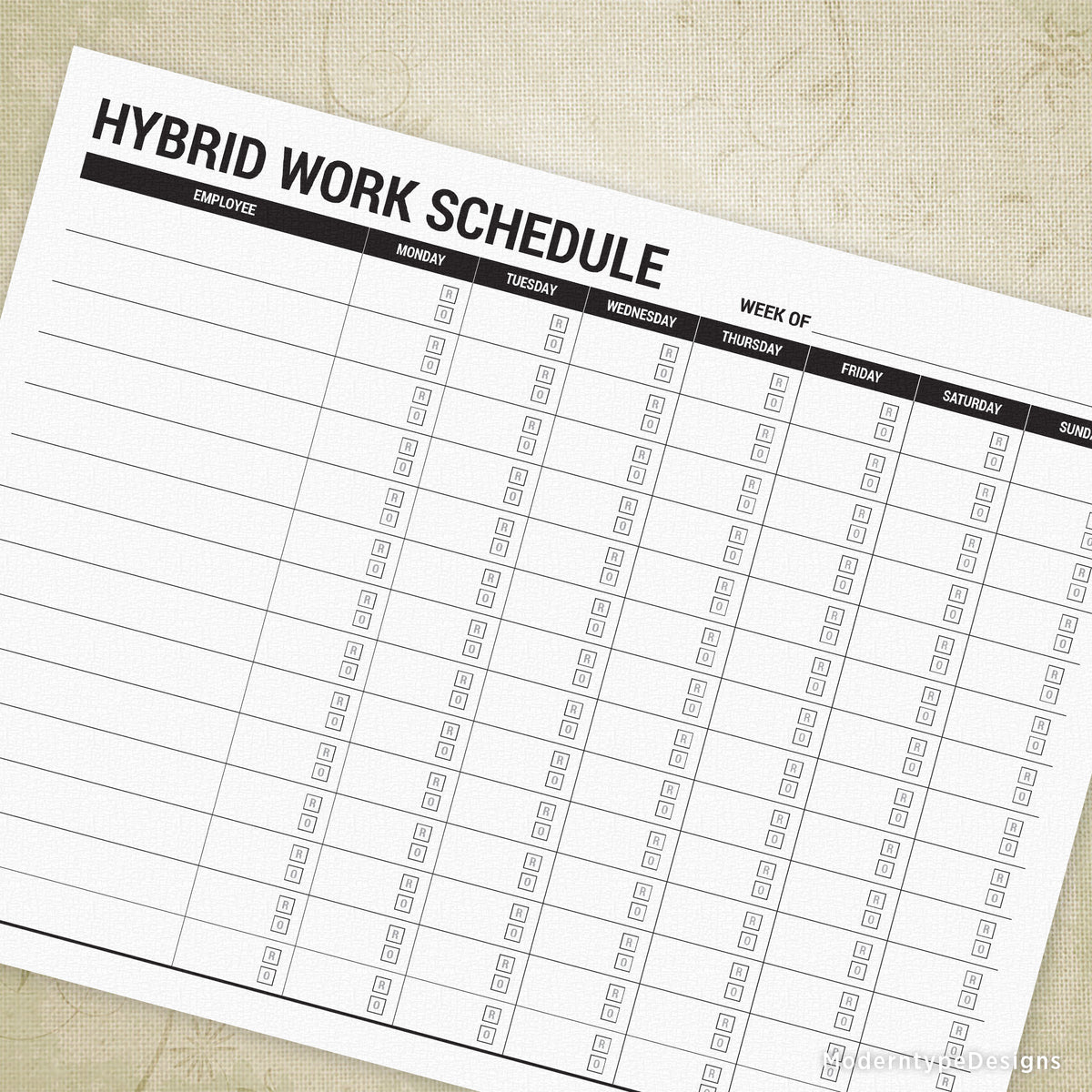 Employee Hybrid Work Schedule Printable Form (Monday - Sunday)