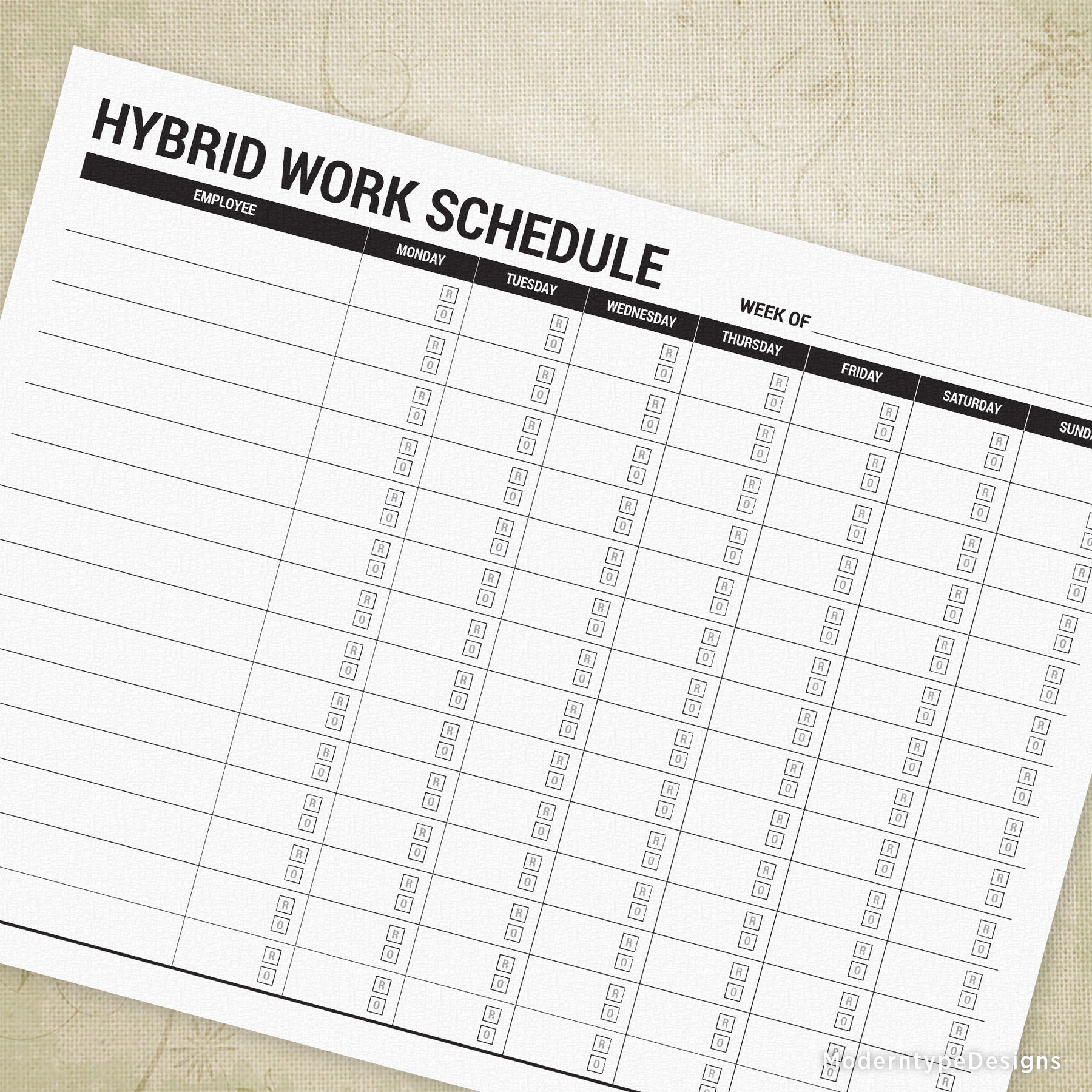 Employee Hybrid Work Schedule Printable Form (Monday - Sunday)