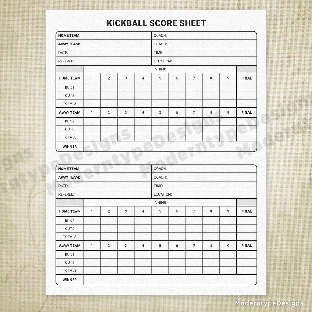 Kickball Scoring Sheet Printable, 2 Games