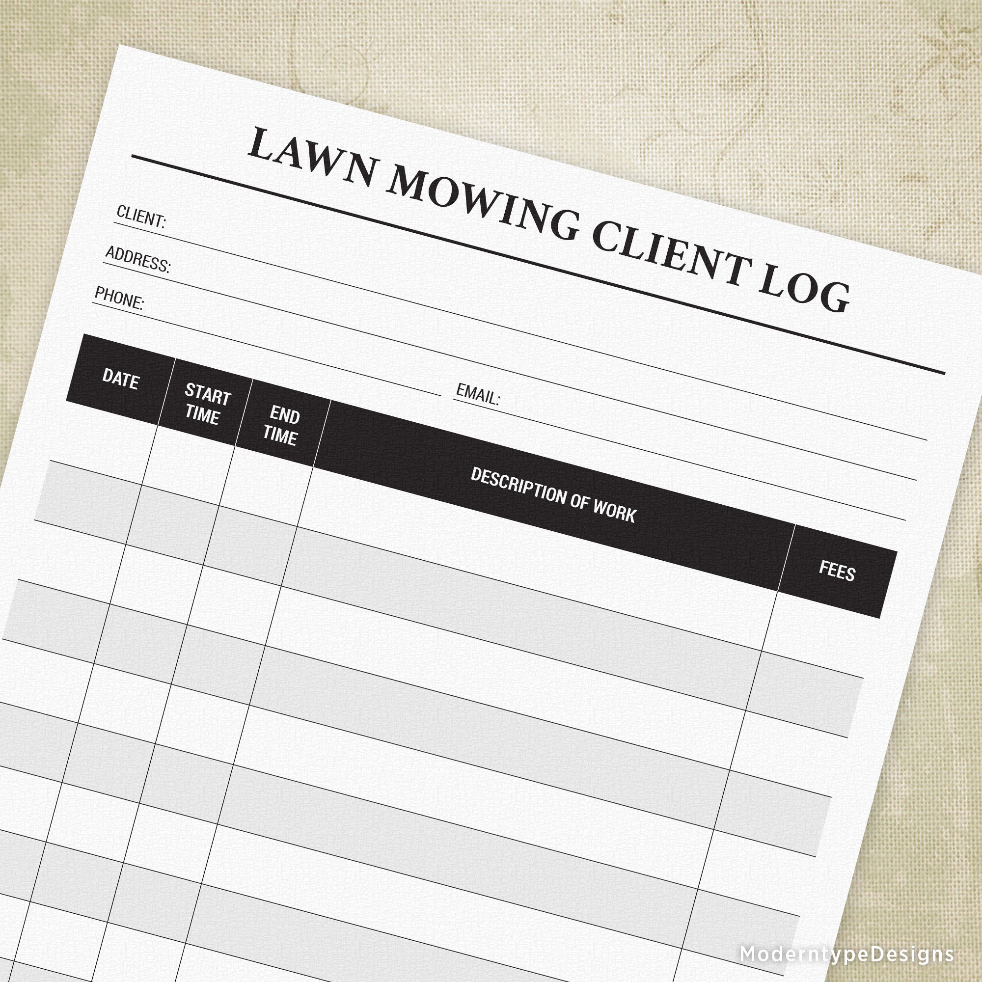 Lawn Mowing Client Log Printable