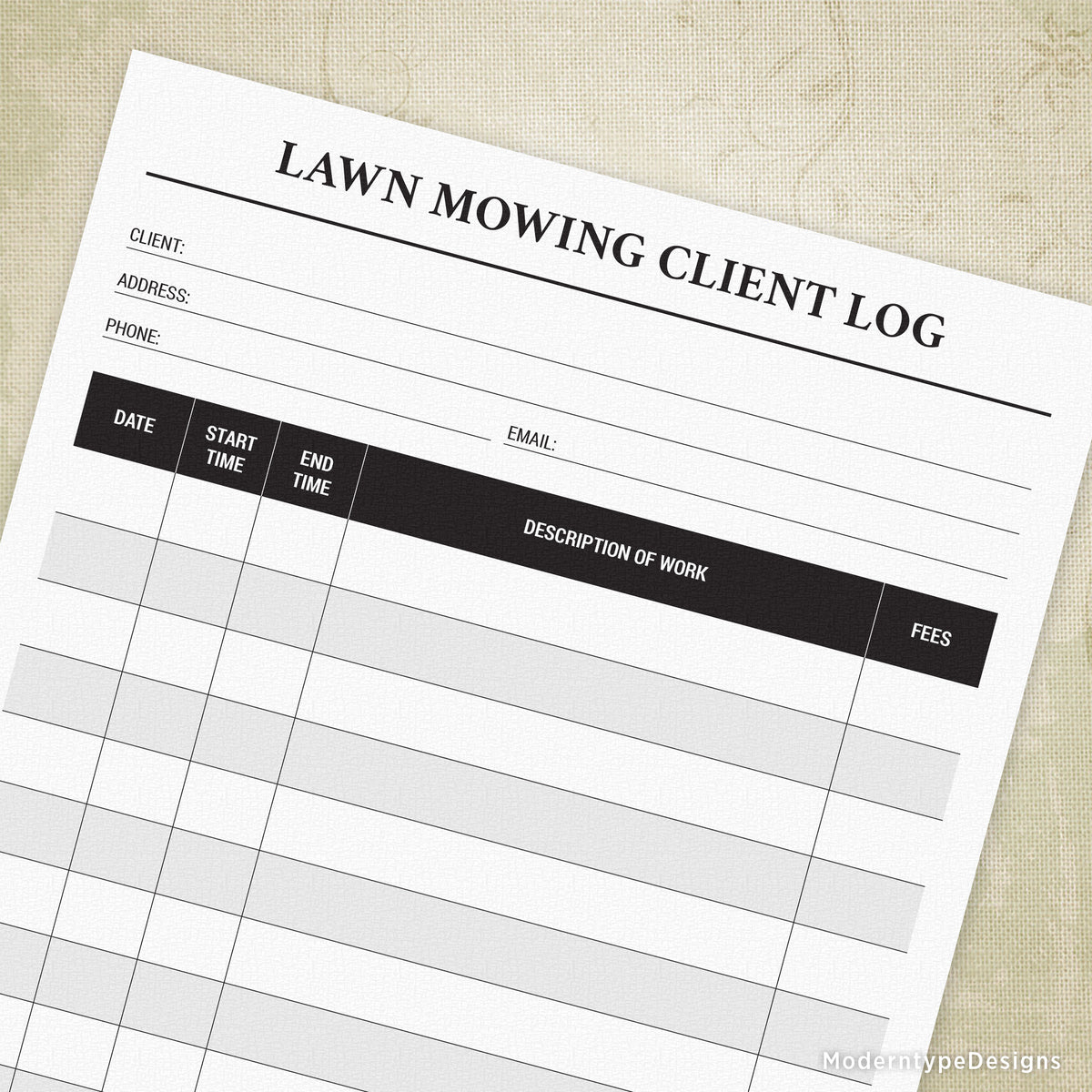 Lawn Mowing Client Log Printable