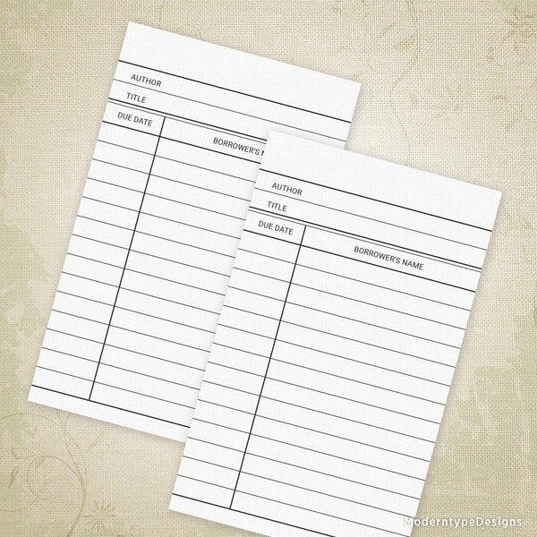 Library Book Cards Printable, 3 x 5"