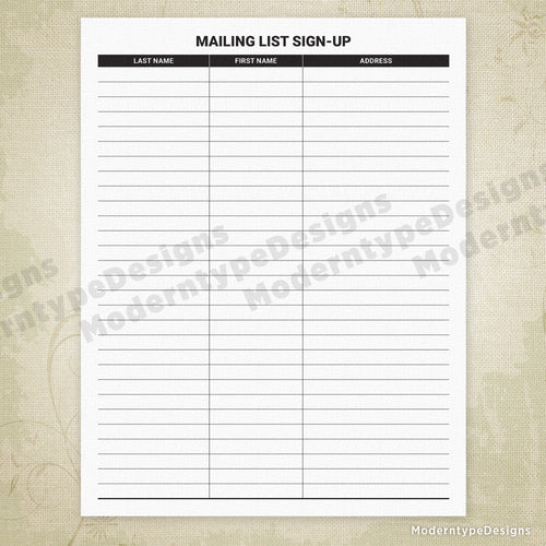 Mailing List Sign-up Sheet Printable for Clipboard