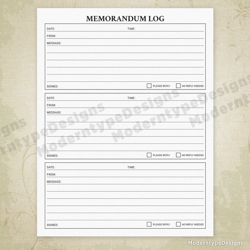 Memorandum Log Printable