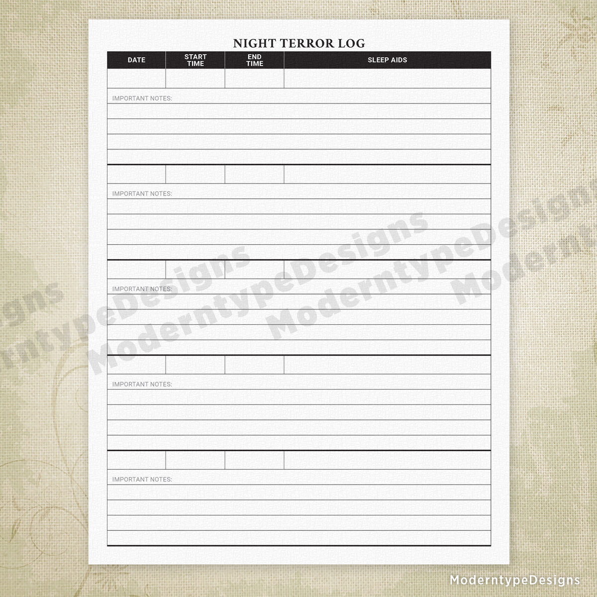 Night Terror Log Printable