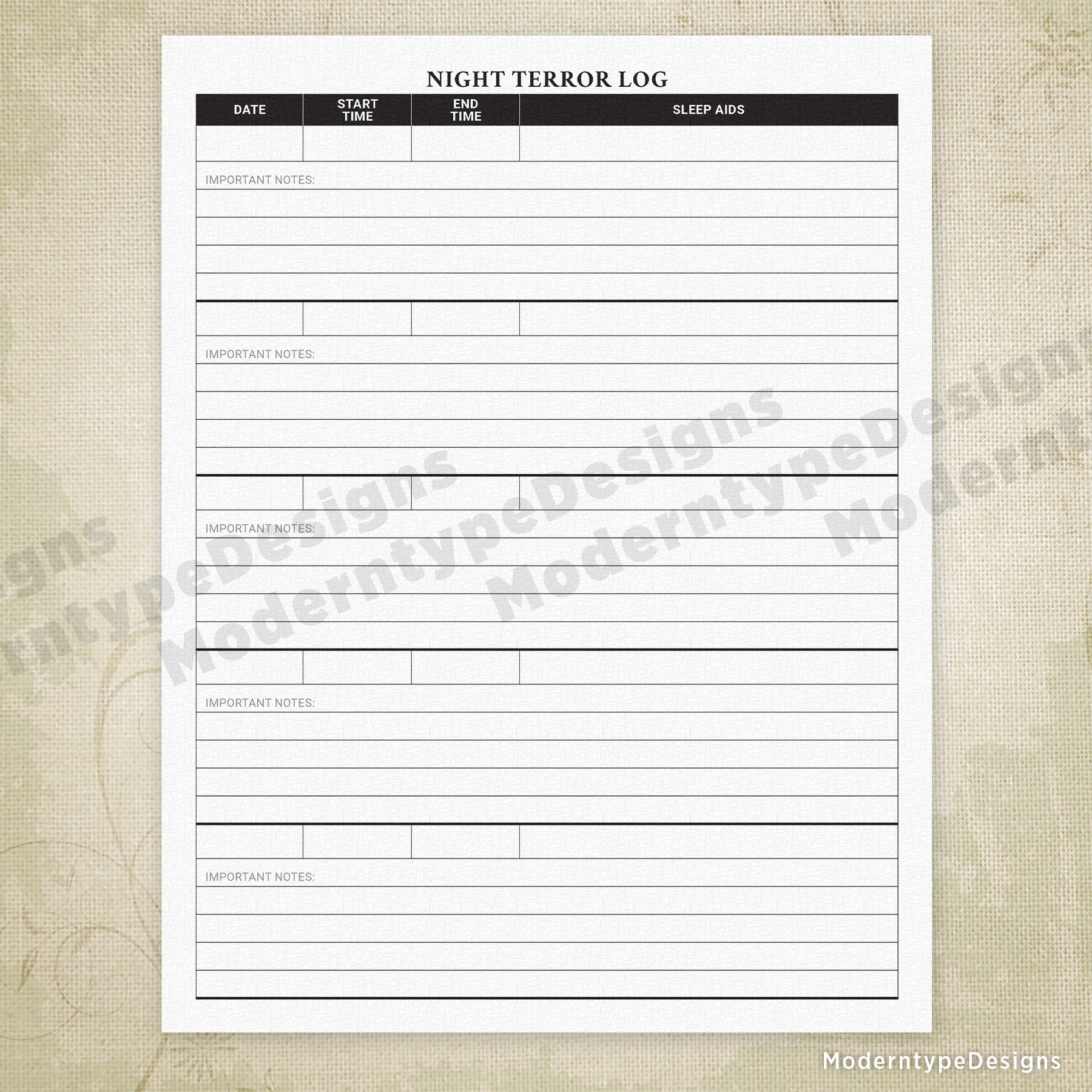 Night Terror Log Printable
