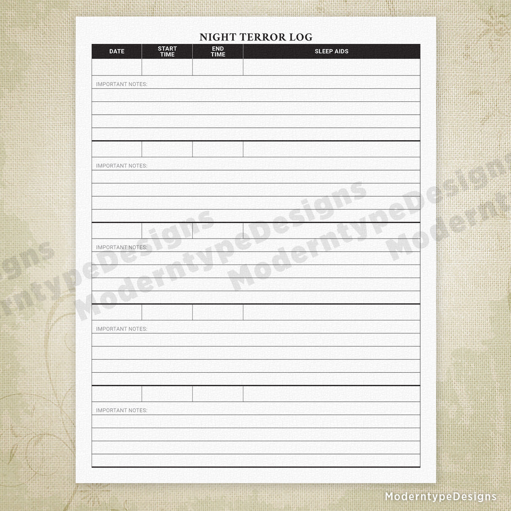 Night Terror Log Printable