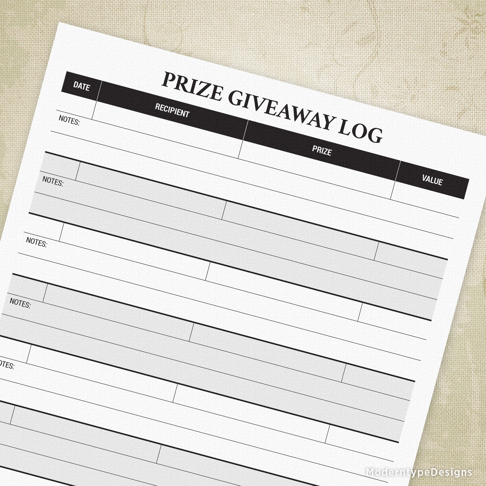 Prize Giveaway Log Printable