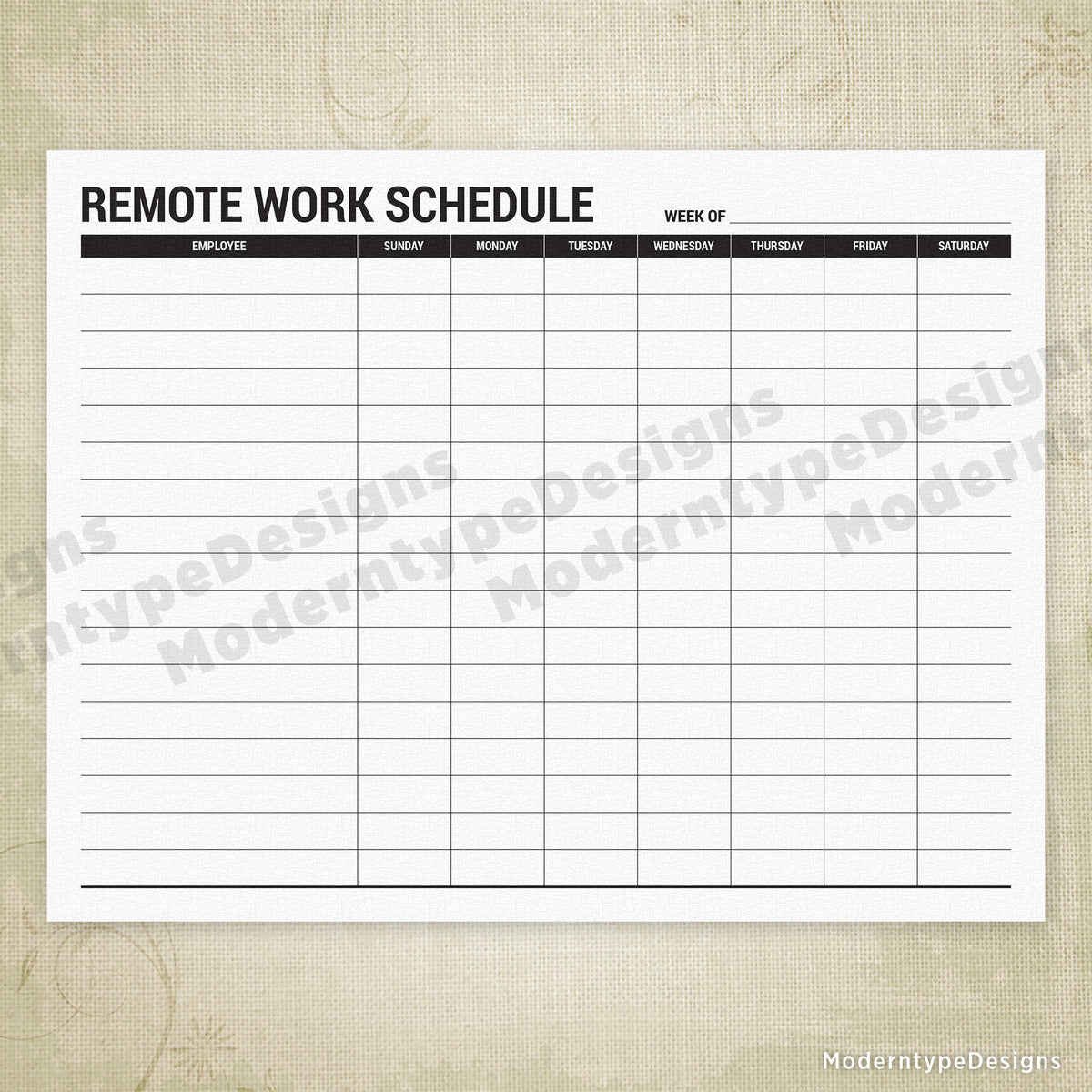 Employee Remote Work Schedule Printable Form (Sunday - Saturday)