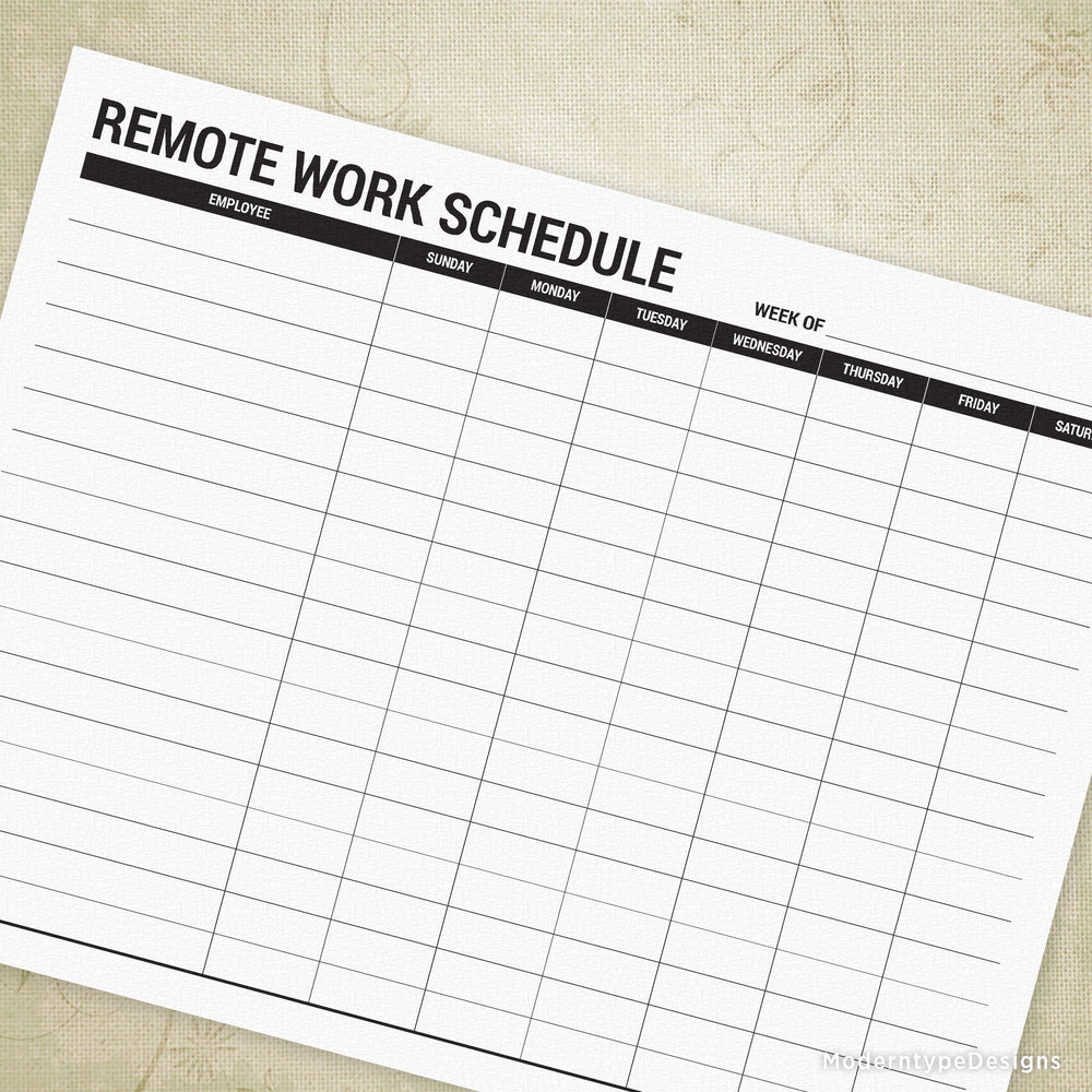 Employee Remote Work Schedule Printable Form (Sunday - Saturday)