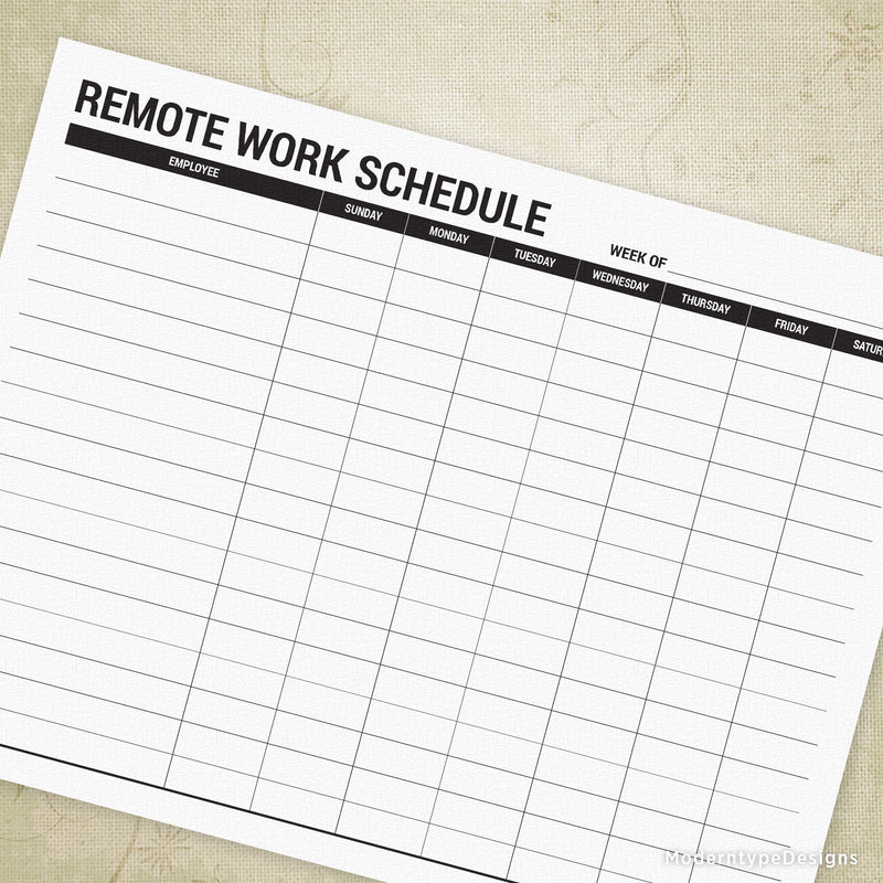 Employee Remote Work Schedule Printable Form (Sunday - Saturday)