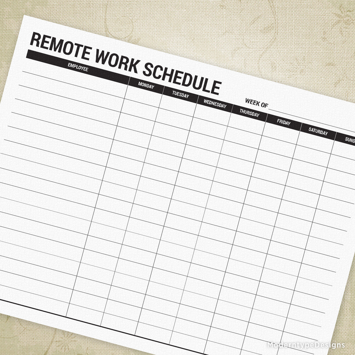 Employee Remote Work Schedule Printable Form (Monday - Sunday)