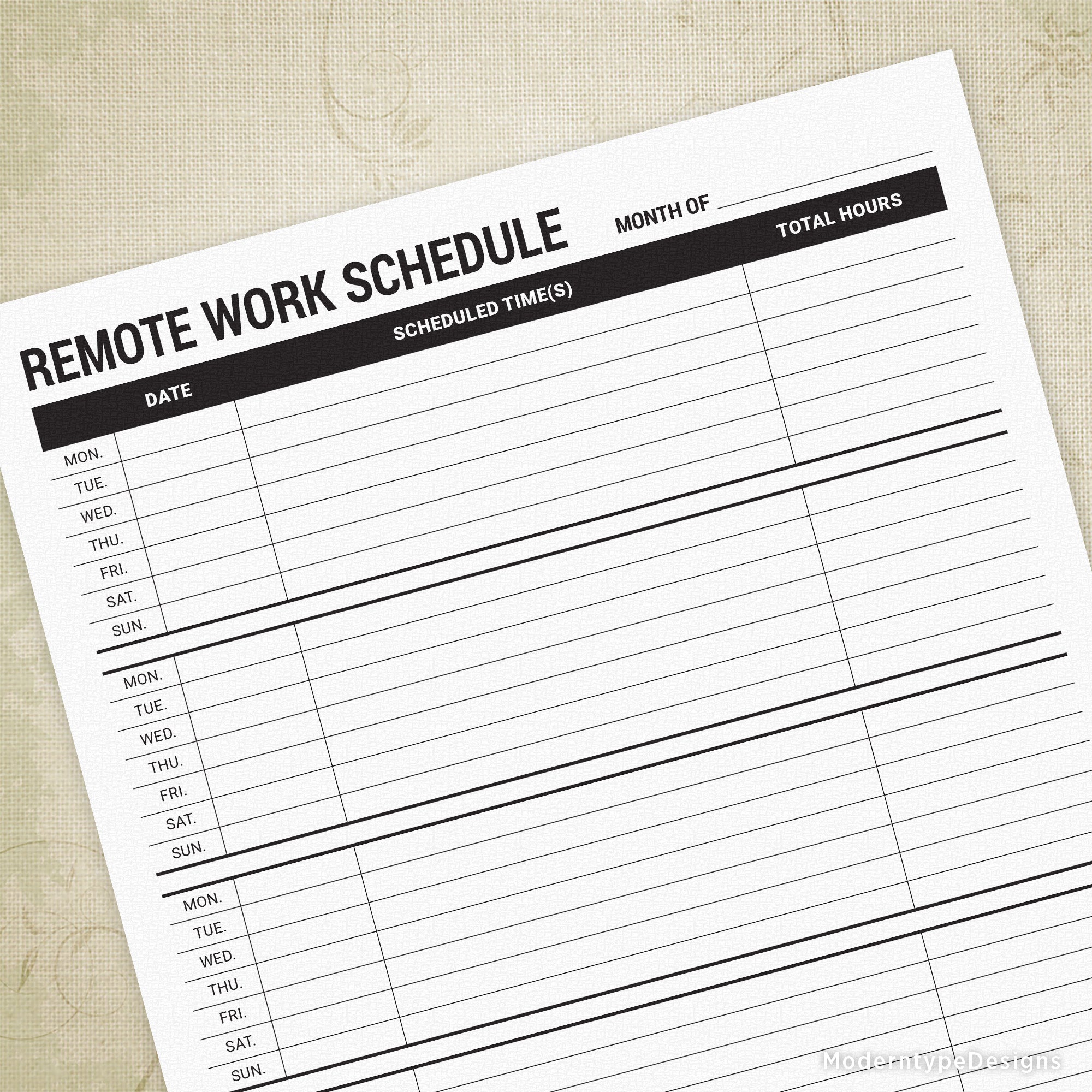 Employee Remote Work Schedule Printable Form (Monday - Sunday)