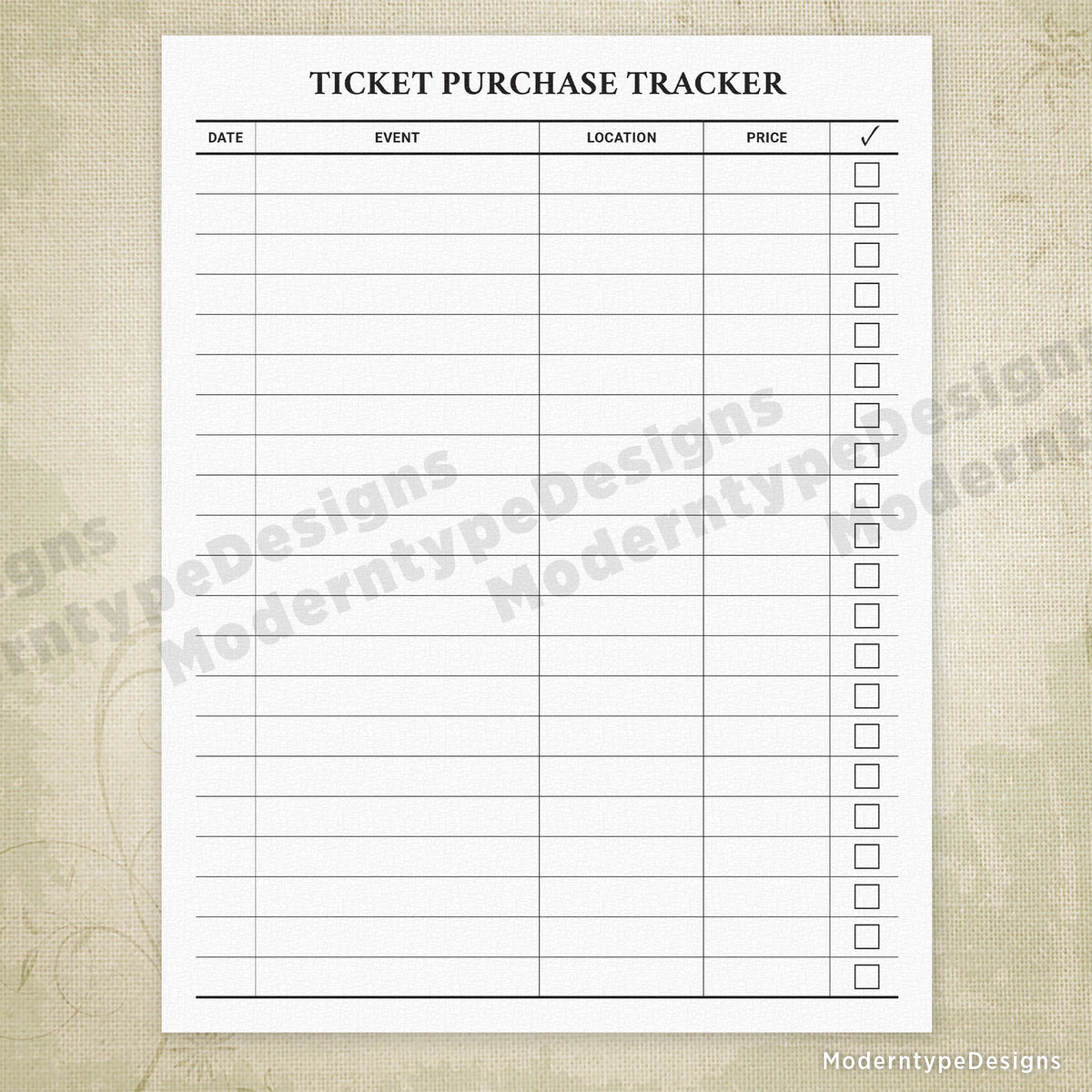 Ticket Purchase Tracker Printable