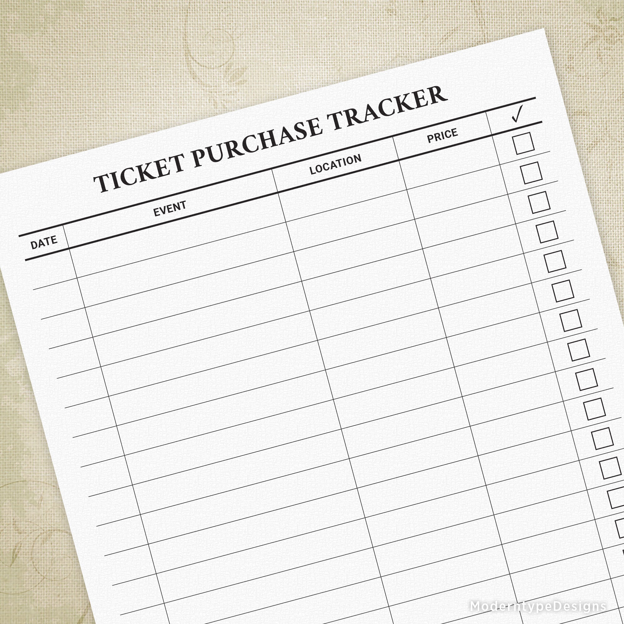 Ticket Purchase Tracker Printable
