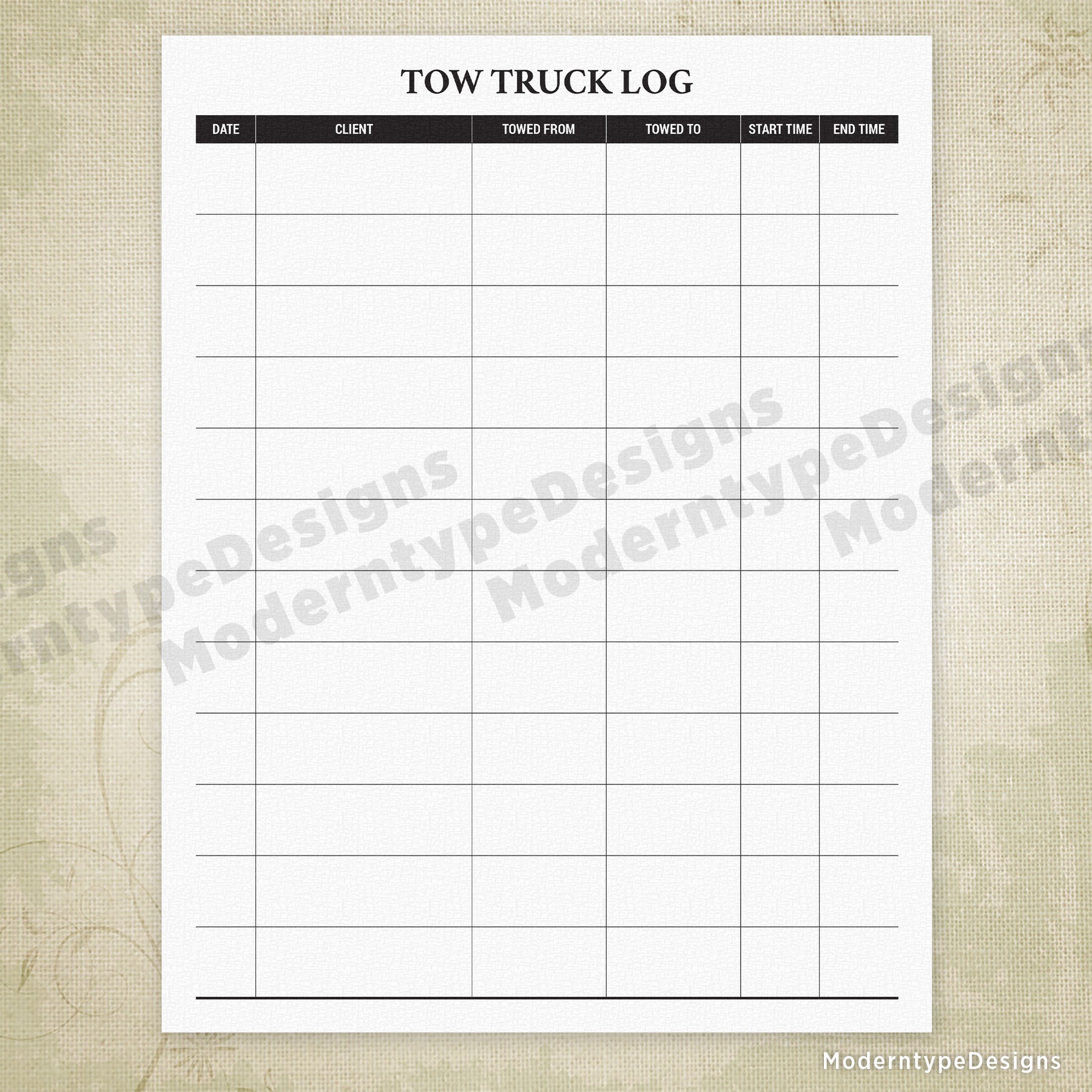 Tow Truck Log Printable
