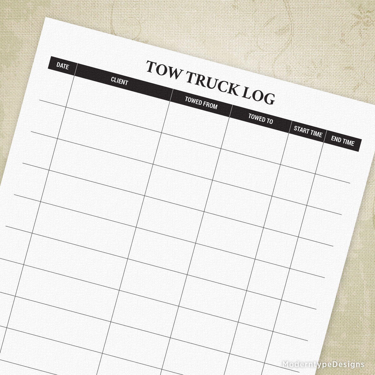 Tow Truck Log Printable