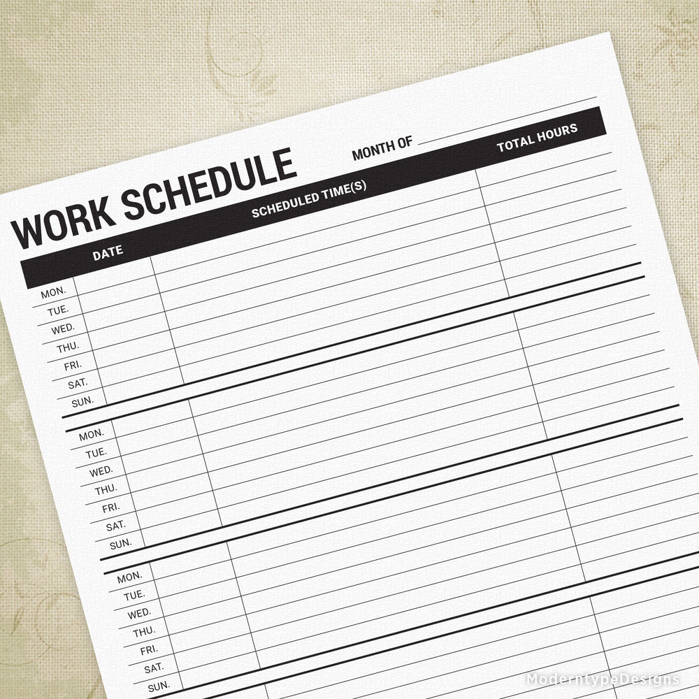 Employee Work Schedule Printable Form (Monday - Sunday)