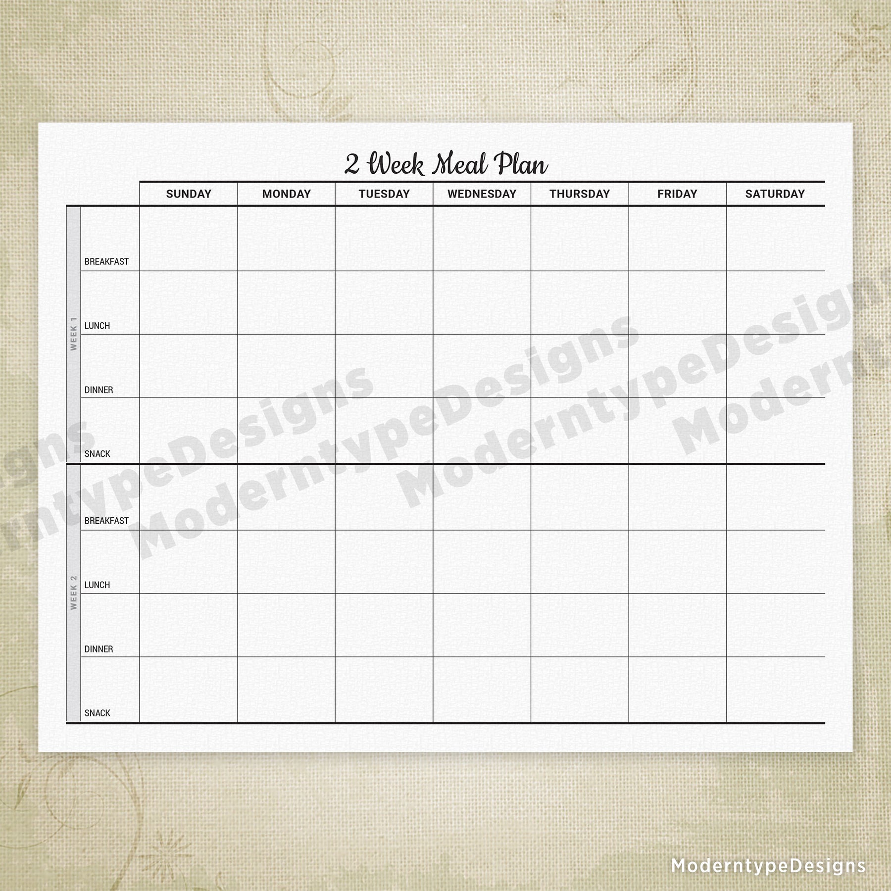 2 Week Meal Plan Printable