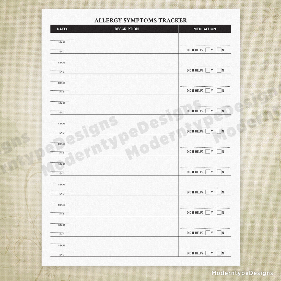 Allergy Symptoms Tracker Printable