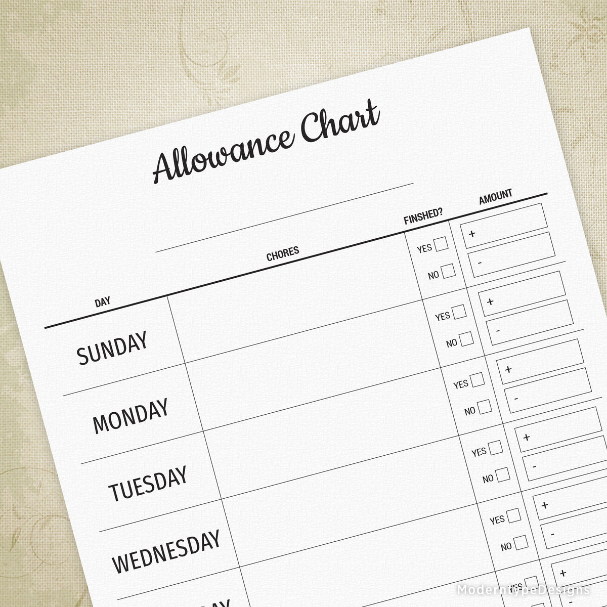 Allowance Chart Printable Form with Penalties