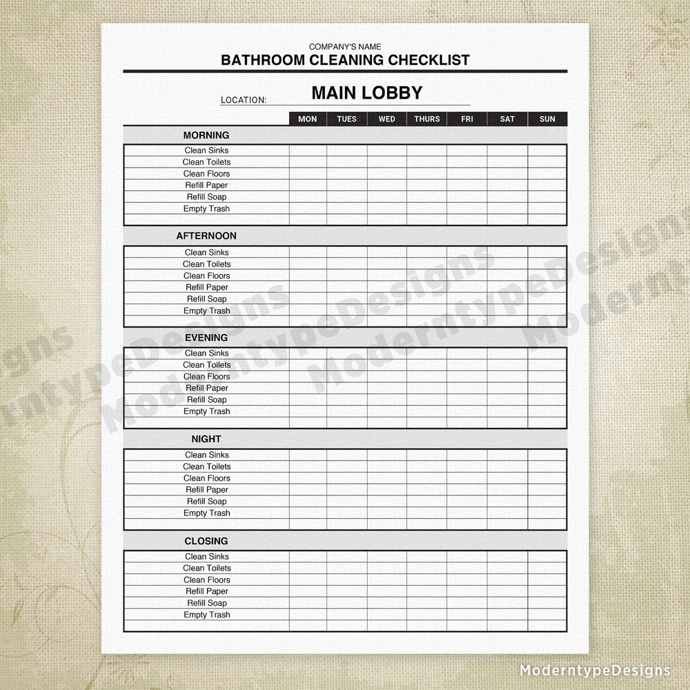 Bathroom Cleaning Checklist Printable, Editable