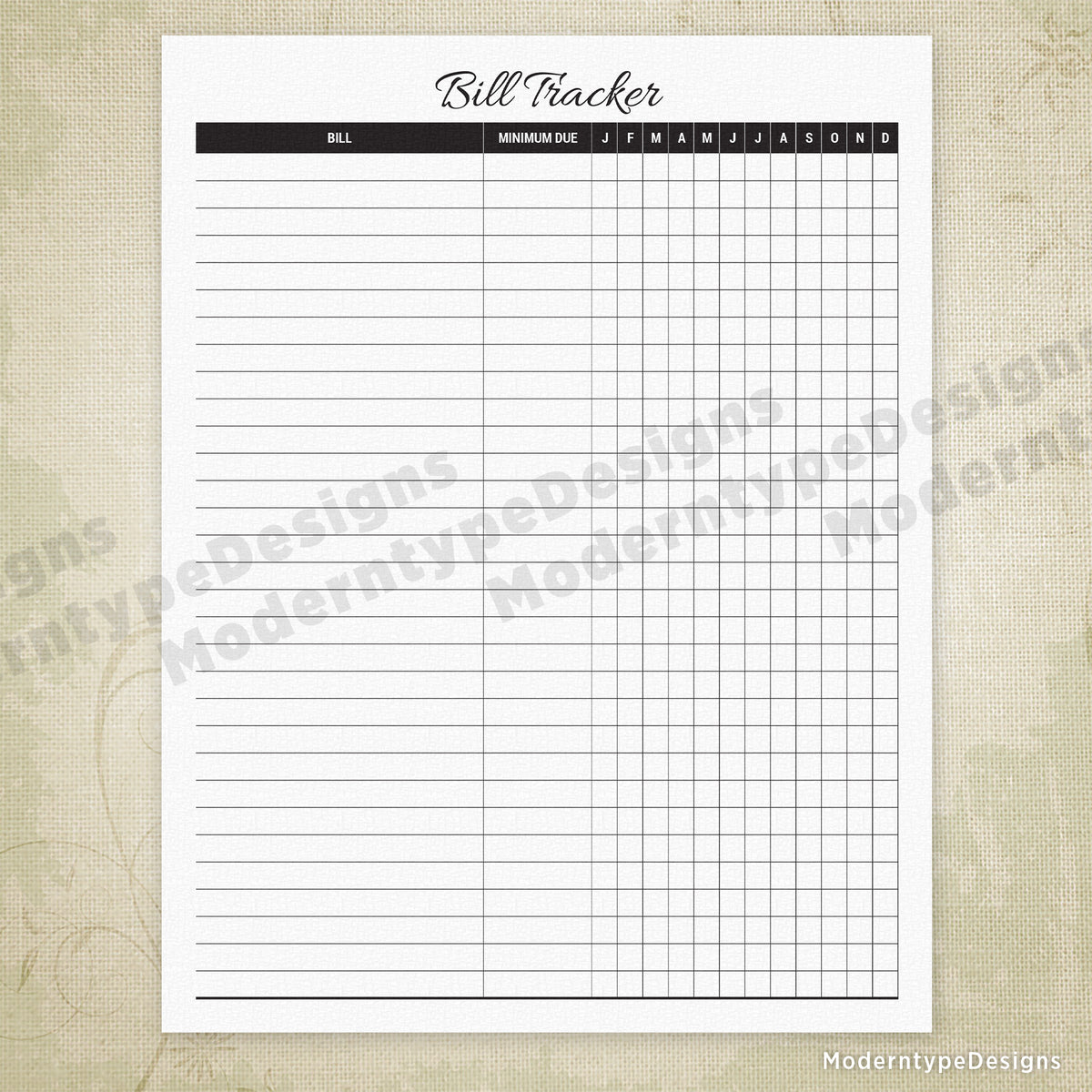 Bill Tracker Printable for the Year