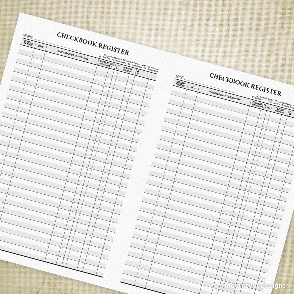 Traditional Checkbook Register Printable, 5.5 x 8.5, Half Sheet
