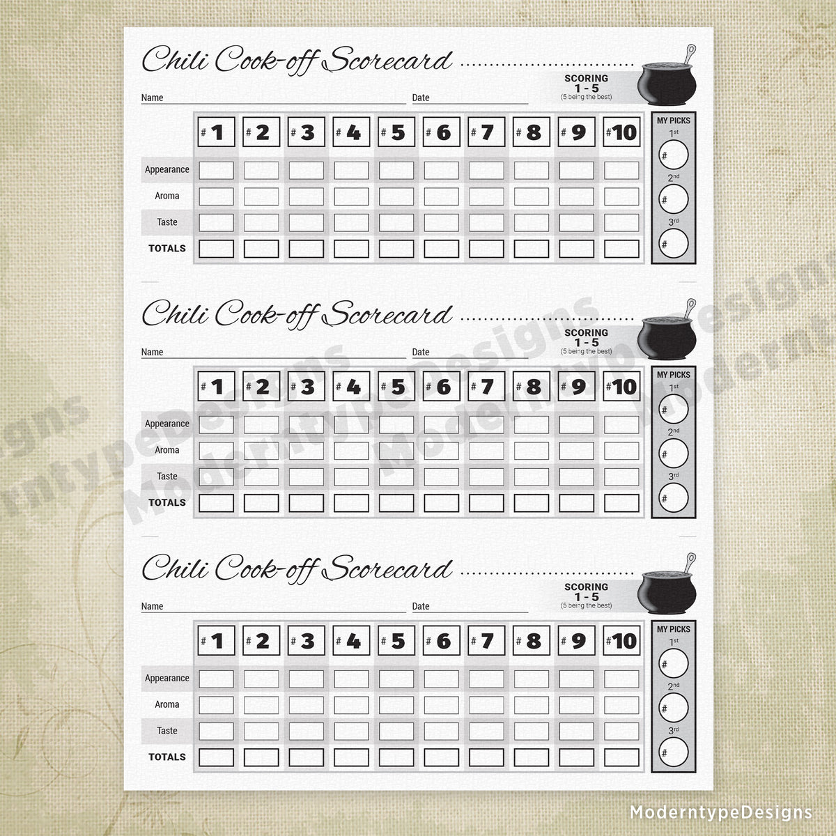 Chili Cook-off Basic Scorecard Printable, 10 Entries, 8.5 x 3.67"