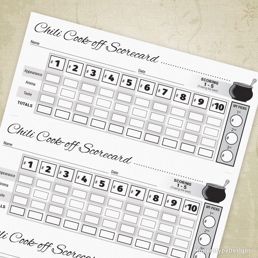 Chili Cook-off Basic Scorecard Printable, 10 Entries, 8.5 x 3.67"