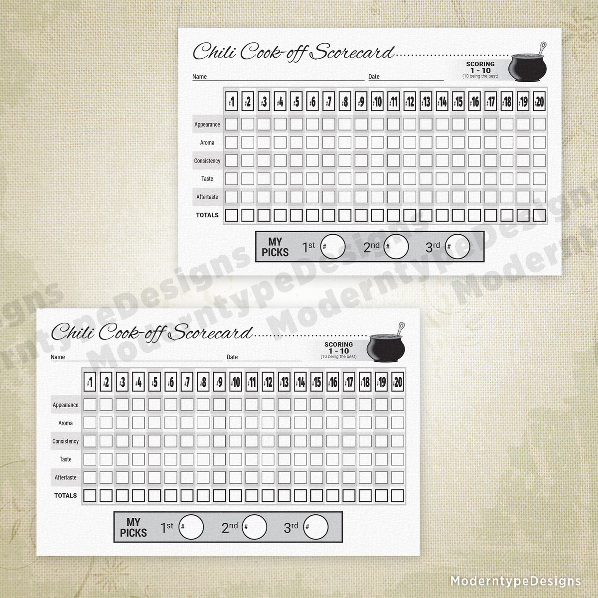 Chili Cook-off Advanced Scorecard Printable, 20 Entries, 8.5 x 5.5"
