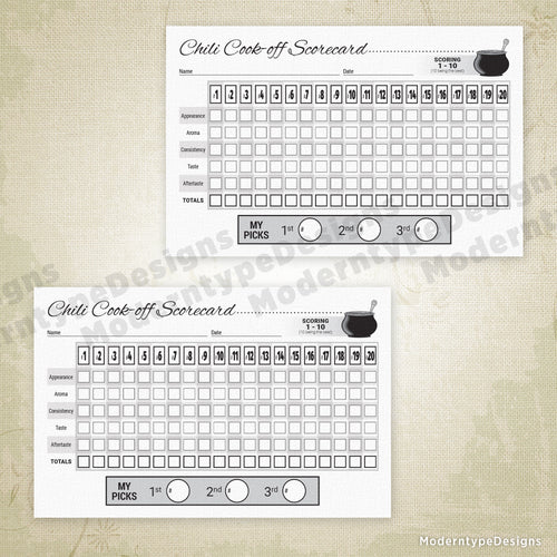 Chili Cook-off Advanced Scorecard Printable, 20 Entries, 8.5 x 5.5"